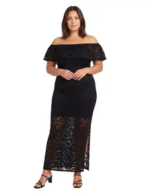 24SEVEN COMFORT APPAREL Lace Off-the-shoulder Maxi Dress With Side Slit - Black