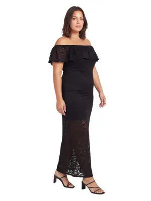 24SEVEN COMFORT APPAREL Lace Off-the-shoulder Maxi Dress With Side Slit - Black