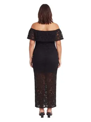 24SEVEN COMFORT APPAREL Lace Off-the-shoulder Maxi Dress With Side Slit - Black