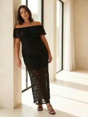 24SEVEN COMFORT APPAREL Lace Off-the-shoulder Maxi Dress With Side Slit - Black