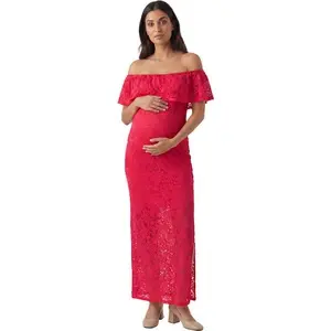 24SEVEN COMFORT APPAREL Maternity Off The Shoulder Lace Body-con Maxi Dress - Fuchsia