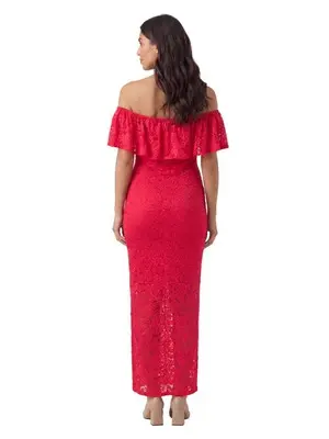 24SEVEN COMFORT APPAREL Maternity Off The Shoulder Lace Body-con Maxi Dress - Fuchsia
