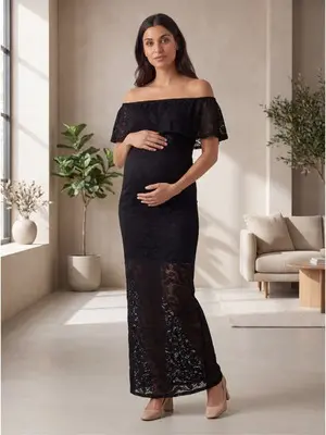24SEVEN COMFORT APPAREL Maternity Off The Shoulder Lace Body-con Maxi Dress - Fuchsia