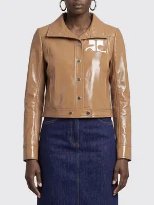 COURREGES Cropped Leather-effect College Jacket With Contrast Logo - Bronze