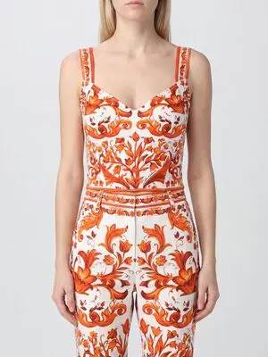 Dolce & Gabbana Majolica Print Silk Cropped Corset Top - Orange