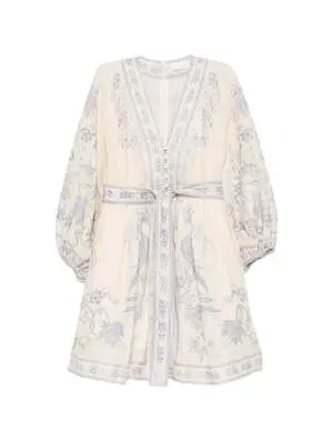 Zimmermann V-neck Linen Mini Dress With Button-down Front And Removable Belt - Bianco