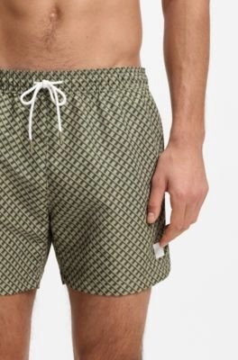 BOSS Micro-pattern Swim Trunks With Logo Badge - Khaki