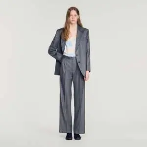 Sandro Rhinestone Check Wool Wide-leg Trousers