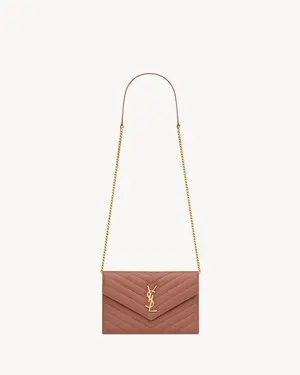 Saint Laurent Cassandre Envelope Chain Wallet In Lambskin Barely Pink