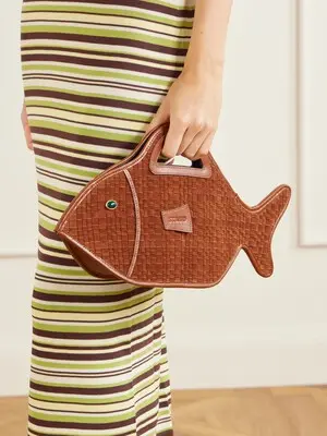 Staud Cleo Logo-debossed Leather-trimmed Woven Suede Tote