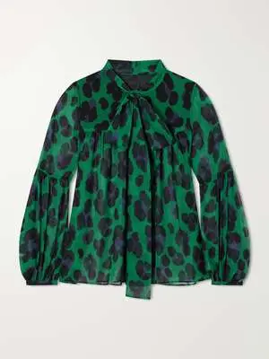 Anna Sui Leopard-print Georgette Blouse With Gathered Detail - Emerald