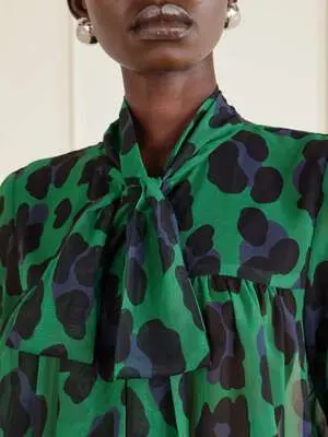 Anna Sui Leopard-print Georgette Blouse With Gathered Detail - Emerald