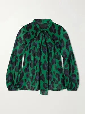 Anna Sui Knotted Gathered Leopard-print Georgette Blouse - Emerald