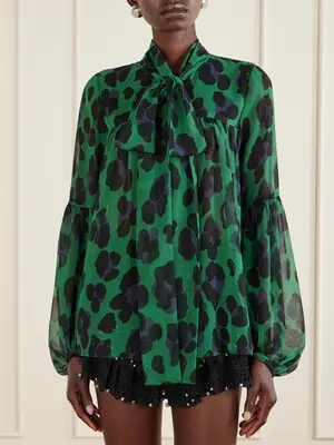 Anna Sui Knotted Gathered Leopard-print Georgette Blouse - Emerald