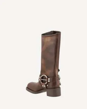 Miu Miu Leather Buckled Mid Calf Boots - Brown