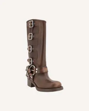 Miu Miu Leather Buckled Mid Calf Boots - Brown