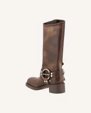 Miu Miu Leather Buckled Mid Calf Boots - Brown
