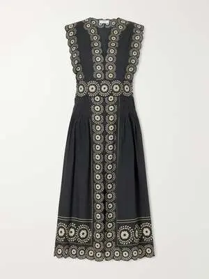 Sea Mirabel Scalloped Embroidered Cotton-voile Midi Dress - Black