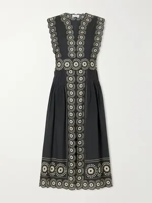 Sea Mirabel Scalloped Embroidered Cotton-voile Midi Dress - Black