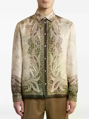 Etro Silk Twill Shirt With Placed Pegaso-print - Neutrals