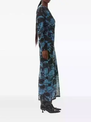 GANNI Printed-mesh O-neck Ruched Long Dress