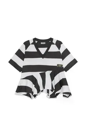 GANNI Striped Cotton V-neck T-shirt With Peplum Hem - Black