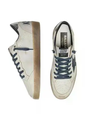 GOLDEN GOOSE Ball Star Leather Sneakers With Dark Blue Star And Silver Laminated Heel Tab - White