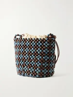 Marni Leather-trimmed Beaded Wood And Canvas Bucket Bag - Brown