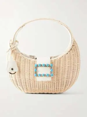 ROGER VIVIER Embellished Leather-trimmed Raffia Shoulder Bag - Neutral