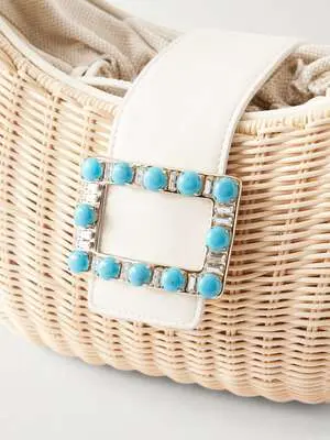 ROGER VIVIER Embellished Leather-trimmed Raffia Shoulder Bag