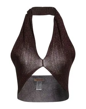 KONTATTO Halter Neck Ribbed Knit Metallic Top - Dark Brown