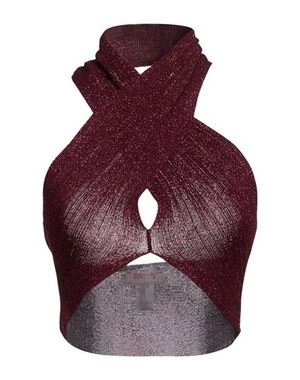 KONTATTO Halter Neck Ribbed Knit Metallic Top - Red