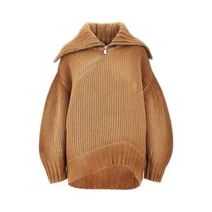 Attico Wool And Cashmere Sweater With Slanted Zip - Beige