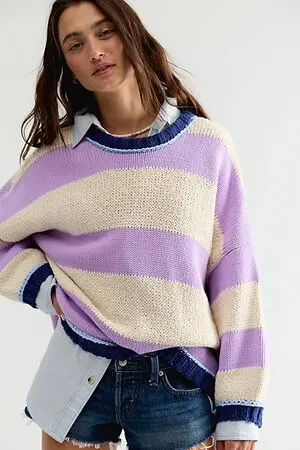 Free People Colorblocked Pullover With Dolman Sleeves Lavender Combo