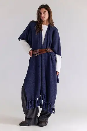 Free People Free People Blanket Duster Wrap Top With Tassel Trim Navy