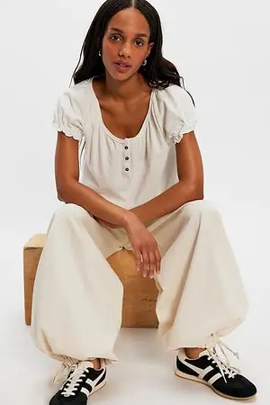 We The Free Puffed Sleeve Henley Tee - Clean Ivory