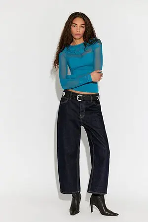INTIMATELY Long Sleeve Ribbed Top With Sweetheart Neckline And Sheer Mesh Sleeves