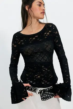 Free People Sheer Lace Flared Long Sleeve Top