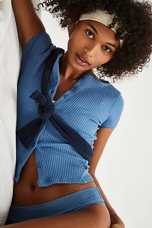 INTIMATELY Ribbed Cardigan With Capped Sleeves And Picot Trim Denim Medium Bluee