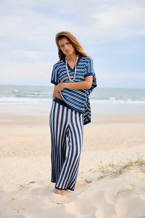 Free People Striped Knit Sweater Set With Cropped Wide-leg Pants - Navy Combo