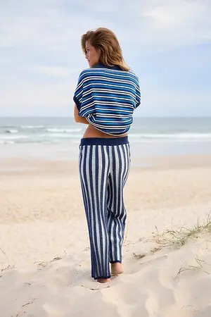 Free People Striped Knit Sweater Set With Cropped Wide-leg Pants - Navy Combo