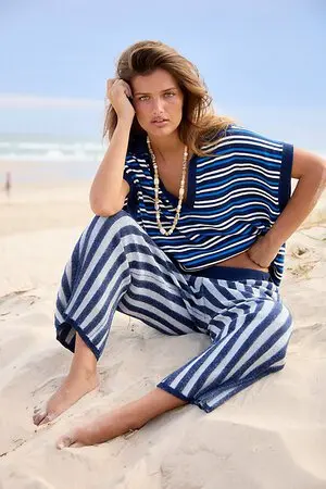 Free People Striped Knit Sweater Set With Cropped Wide-leg Pants - Navy Combo