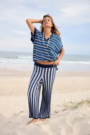 Free People Striped Knit Sweater Set With Cropped Wide-leg Pants - Navy Combo