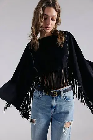 Free People Suede Poncho Jacket With Fringe And Stud Detailing