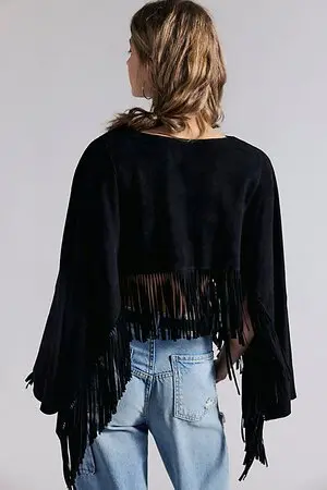 Free People Suede Poncho Jacket With Fringe And Stud Detailing