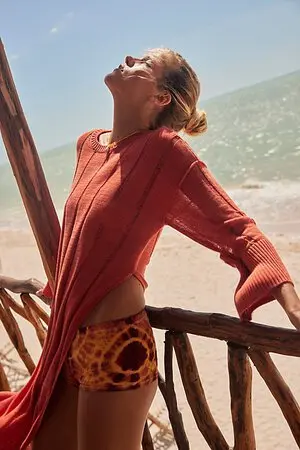Free People Echo Sweater Tunic With Sheer Stripes And Side Slit - Ginger