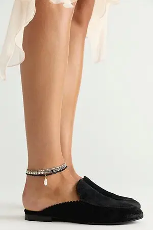 FP COLLECTION Suede Loafer Mules With Scalloped Trim - Black