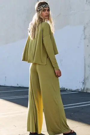 Free People Baby-rib Long Sleeve Top And Wide-leg Pants Set - Avocado