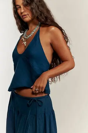 Free People Free-est Linen Halter Top And Maxi Skirt Set Poseidon