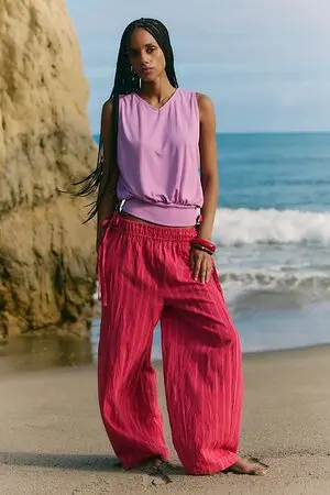 Free People Free-est Cotton-Linen Striped Wide-Leg Trousers Cherry Combo